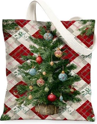 Generic Sacs fourre-tout en toile motif sapin de No&euml;l, sacs de courses r&eacute;utilisables, style rustique confortable, lavable pour cadeau, Rouge, 13x15 Inch