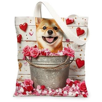 Generic Shiba Inu Sac fourre-tout en toile pour le shopping Motif chien 33 x 38 cm Rose en bois r&eacute;utilisable pour femme, peinture danimaux domestiques, d&eacute;cora