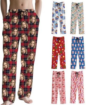 Generic Bas de Pyjama Femme Personnalis&eacute;e Avec Photo de visage Pantalon Pyjama Homme Personnalis&eacute; Avec Image pour Couples Famille Amis Cadeau Personnalisable 