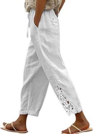 Generic Pantalon dété large pour femme - Grandes tailles - Pantalon en lin pour femme 7/8 - Pantalon de loisirs avec poche en dentelle patchwork - Pantalon de