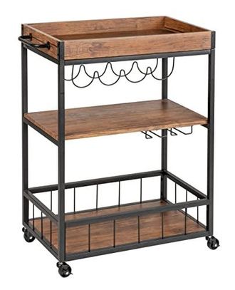 WENKO K&uuml;chenwagen Rustico, 3 Etagen, vielseitiger Servierwagen mit 4 Rollen, K&uuml;cheninsel mit Weinglashalter & Flaschenhalter, 80 x 89,5 x 40 cm, Rollwagen a