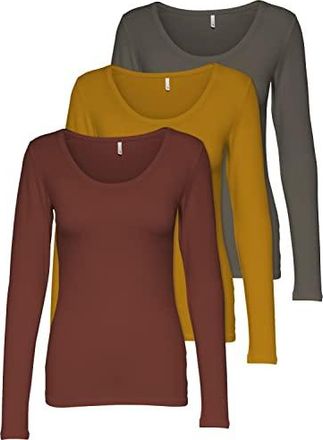 Only Lot de 3 t-shirts basiques à manches longues dété pour femme, noir et blanc, 95 % coton, tailles XS, S, M, L, XL, 15209156, XL