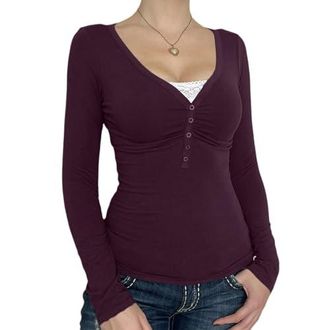 Generic Chemise à manches longues Henley pour femme, haut basique à boutons, coupe ajustée, hiver, printemps, mignon, décontracté, basique, violet foncé, XL