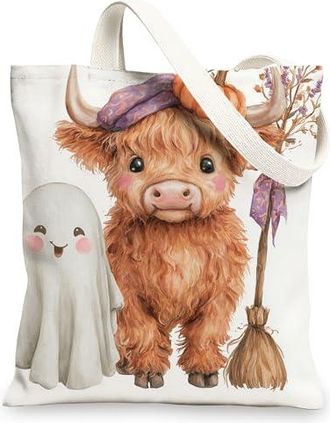 Generic Sac fourre-tout en toile mignon, adorable motif animal, sacs de courses réutilisables, sac amusant léger et lavable en toile avec bandoulière, blanc, 