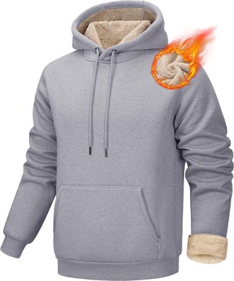 Magcomsen Herren Hoodie M&auml;nner Pullover Langarm Kapuzenpullover Gef&uuml;tterte Sweatshirt Winter Fleecepulli f&uuml;r Freizeit Hellgrau XL