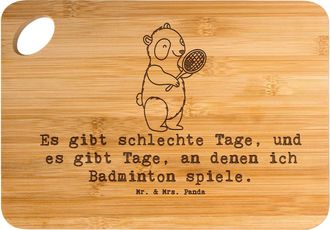 Mr. & Mrs. Panda Bambus - Schneidebrett Panda Badminton - Geschenk, Schneidbrett, K&uuml;chenbrett, Holzbrett, Danke, Hobby, Badminton Spielen, Holz