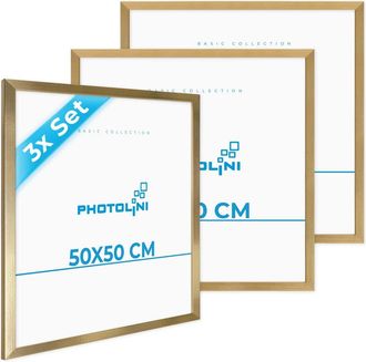 Photolini Bilderrahmen 50x50 Gold MDF-Holz, 3er Set Poster-Rahmen, bruchsicheres Acrylglas, zum Aufhängen, extra Zubehör - für Fotos & Poster
