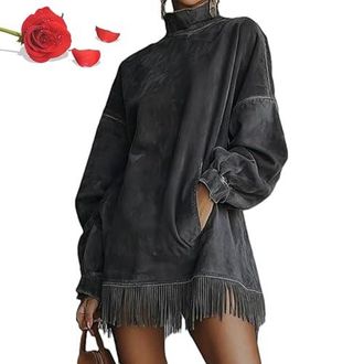 Generic Robe à col roulé en faux daim avec ourlet à franges et col montant - Manches longues - Patchwork décontracté en velours - Mini robe ample, Dark Gary, 