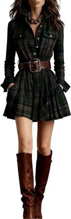 Generic Mini robe chemise &agrave; carreaux vintage pour femme, col en V, manches longues, robe courte style western vintage trap&egrave;ze avec poches &agrave; revers, Vert, M