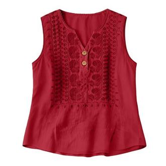 Generic D&eacute;bardeur &agrave; col en V pour femme avec boutons brod&eacute;s floraux, sans manches, en coton et lin, l&eacute;ger et confortable, couleur unie, coupe ample, &eacute;l&eacute;gant, 