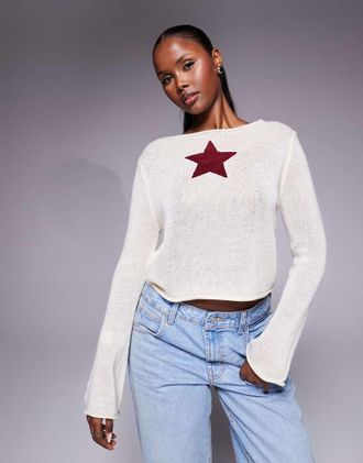 Princess Polly Big Star - Strickpullover in Creme mit ausgestellten Ärmeln und Sternendetail-Weiß