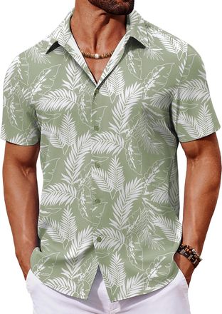 Coofandy Hawaii Hemd Männer Sommerhemd Herren Hawaii Kurzarmhemd Tropical Hawaiian Hemden Palmen Leichtes Beach Hemd Palmblätter Grün XXL