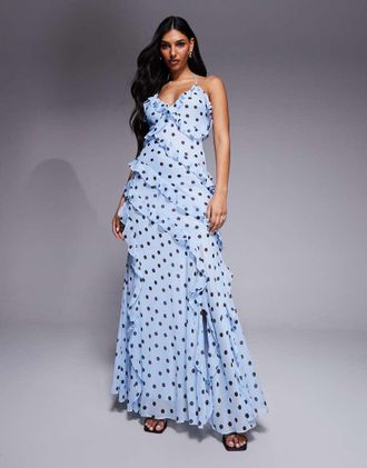 Forever New Robe longue &agrave; pois et volants avec dos nu &eacute;chancr&eacute; et liens nou&eacute;s autour du cou - Bleu