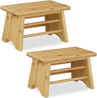 Relaxdays 2x Tabouret, bambou, jusqu&agrave; 100 kg, escabeau, si&egrave;ge enfants salle de bain, repose-pieds 20x33x21,5 cm, nature