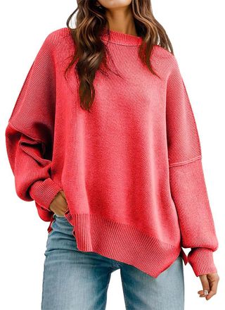OLIPHEE Einfarbig Strickpullover Damen mit Geschlitztem Saum Rundhals Pullover Damen Herbst Winter Elegant Sweater Damen Strick Wassermelone XL