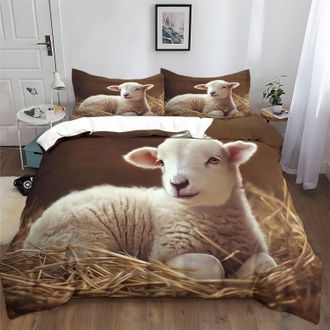 Generic Tierisches Lamm Bettwäsche 135x200 cm Braun Bettwäsche-Sets Polyester Baumwolle Bettbezug 3 Teilig, Atmungsaktiv Bettwäsche Set mit Reißverschluss and