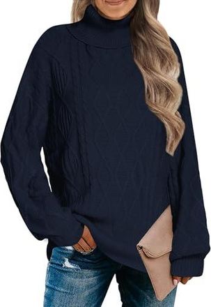 Zeagoo Pull Col Roulé pour Femme Élégant à Manches Longues Décontracté Pull Tricoté avec Motif Torsadé Uni pour Automne Hiver Bleu Foncé Taille S