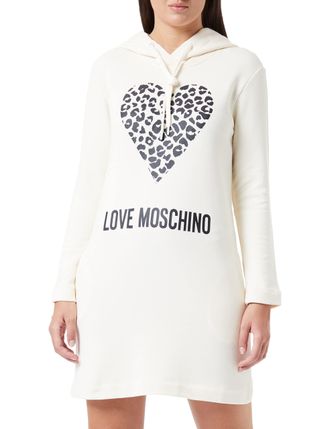 Love Moschino Damen Regular Fit Long Sleeves with Hoodie in 100% Cotton Fleece Dress, Cream, 44 EU