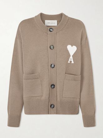 Ami Cardigan En Laine Et Coton M&eacute;lang&eacute;s Intarsia - Marron