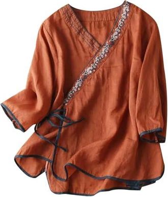 Generic Vêtement de style chinois pour femme - Coton et lin - Broderie élégante - Grandes tailles - Tunique élégante - Col en V - Vintage - Manches 3/4 - Tuni