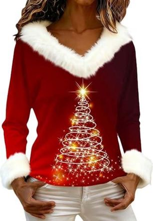 Generic Sweat-shirts de No&euml;l pour femmes avec bordure en fausse fourrure, col en V en peluche, hauts de No&euml;l amusants, motif graphique P&egrave;re No&euml;l avec verre &agrave; 