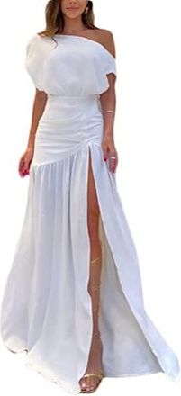 ORANDESIGNE Robe de Soirée à Une épaule Femme Elegant Robe Longue Été Maxi Robes sans Manche Fluide Fente Plissée Taille Haute Robe de Party Cocktail Robe dInvité