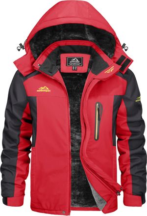 KEFITEVD Winterjacke Herren Wasserdicht Warm Gefüttert Skijacke Winter Outdoorjacke Winddicht Atmungsaktiv Funktionsjacke mit Abtrennbarer Kapuze Rot 3XL