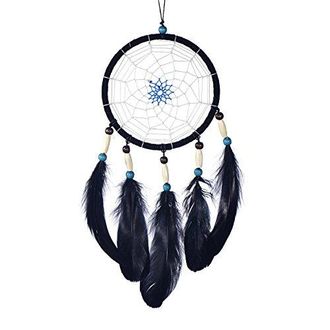 DonDon Attrape-rêves Dreamcatcher avec Perles et Vraies Plumes Noir - Ø 14 cm