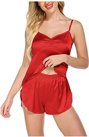 Generic Pyjama court sexy pour femme - Pyjama 2 pièces - Haut et short dété sans manches - En satin - Deux pièces - Col en V - Bretelles spaghetti - Lingerie 