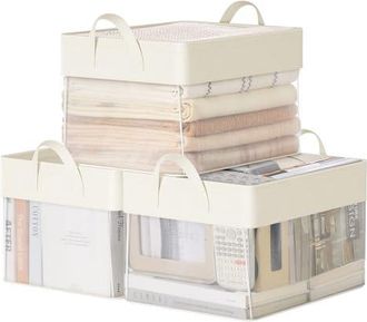 Songmics Bo&icirc;tes de Rangement, Lot de 3, Panier de Rangement, Taille Moyenne, en Tissu, Pliable, Filet de Nylon Transparent, 40 x 30 x 25 cm, Poign&eacute;es, pour Cha