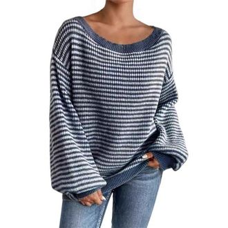 Generic Pull &agrave; rayures amples pour femme - Coupe &eacute;paules d&eacute;nud&eacute;es - Pour le printemps et lautomne - Haut en tricot d&eacute;contract&eacute; avec col bateau et manches long