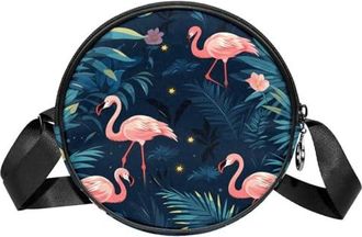 Generic Sac &agrave; bandouli&egrave;re rond pour femme, motif flamants roses, petit sac &agrave; bandouli&egrave;re avec fermeture &eacute;clair, bretelles r&eacute;glables, sac &agrave; main rond d&eacute;contrac