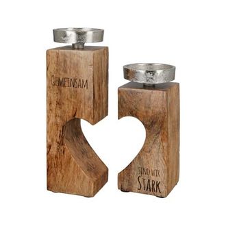 Gilde 2er Set Kerzenleuchter Liebe aus Mangoholz - naturfarben - Herzmotiv mit Spruch - H&ouml;he 23cm x Breite 14cm