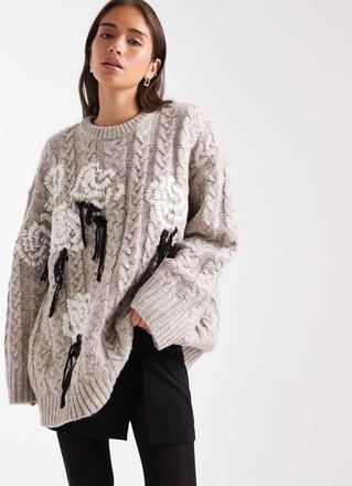 Asos Pull oversize en maille torsadée avec broderies fleuries - Grège-Neutre