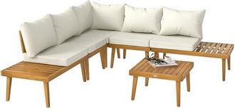 OUTSUNNY Salon de Jardin ext&eacute;rieur dangle 5 Places modulable en Bois dacacia avec canap&eacute;s et Table Basse, Plateau &agrave; Lattes et Coussins Inclus, mobilier de Jard