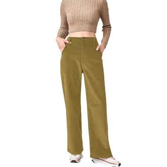 Generic Pantalon printemps 2026 pour femme en velours c&ocirc;tel&eacute; taille haute &eacute;lastique jambes larges poches pantalon, kaki, XXL