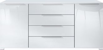 Vladon Sideboard Linio V2 - Moderne Kommode mit 2 Türen & 4 Schubladen, Weiß matt/Weiß Hochglanz, 166,5 x 72,5 x 35 cm (BxHxT) - Beistellschrank Anrichte Sta