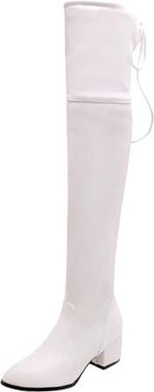 SJJH Bottes au-dessus du genou - Dos r&eacute;glable - Bottes pour femme pour le quotidien et la soci&eacute;t&eacute; - Talon de 5,5 cm - Doublure chaude, Blanc., 34 EU