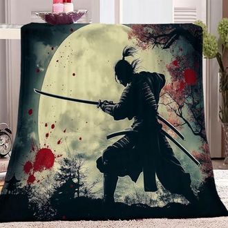 Generic Couverture Polaire, Jolie Couverture avec Motif Style Japonais Lune De Samoura&iuml;, imprim&eacute; Gris pour b&eacute;b&eacute;s Filles Enfants Amoureux des Animaux Couvertur