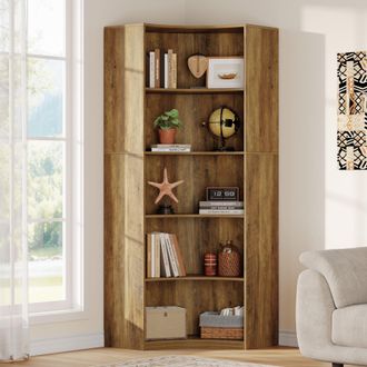 Tribesigns 6-Etagen Eckregal, 180 cm Hohes Bücherregal mit Abgerundeten Ecken, Landhausstil Sideboard für Wohnzimmer, Schlafzimmer, Küche oder Homeoffice (Rustik