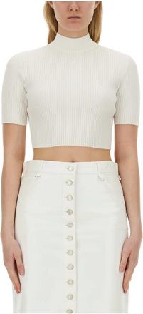 Courr&egrave;ges Femme, Tops, Blanc, Taille: 42 FR Haut Court Col Montant en Maille C&ocirc;tel&eacute;e