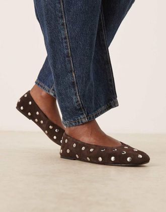 Mango Ballerinas aus 100% Wildleder in Schokobraun mit Nietenbesatz-Brown
