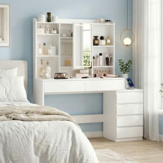 Vasagle Coiffeuse, avec Grand Miroir LED &agrave; Luminosit&eacute; R&eacute;glable, Multiprise, 40 x 124,7 x 145 cm, Blanc