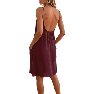 Generic Robe d&eacute;t&eacute; pour femme - Robe de plage l&eacute;g&egrave;re avec col en V et dos profond - Robe de plage boh&egrave;me douce &agrave; bretelles spaghetti avec poches - Robe d&eacute;t&eacute; fl