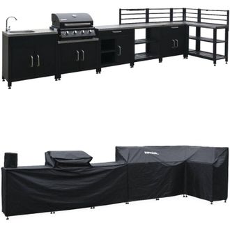 Sweeek Ensemble de meubles de cuisine ext&eacute;rieure en acier inoxydable 8 modules avec barbecue au gaz 4 br&ucirc;leurs et housse de protection