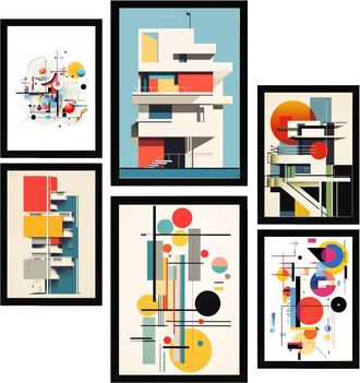 Nacnic 6er-Set Bauhaus Dekonstruierte Architektur Gerahmtes Poster mit Design-Illustrationen zur Dekoration der Wände Ihres Zuhause Zimmer Büro Laden Malerei