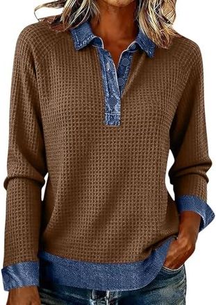 Generic Sweatshirts en denim patchwork pour femme - Col &agrave; revers - Sweat boutonn&eacute; - Chemise en jean - Tricot gaufr&eacute; - Pull &agrave; manches longues - Polo &agrave; manches 