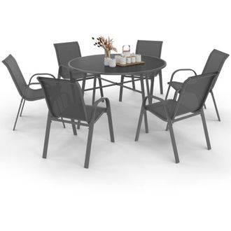 IDMarket Salon de jardin MADRID table ronde 120 CM et 6 chaises empilables gris anthracite