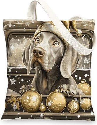 Generic Sac fourre-tout en toile pour le shopping Motif chien de Weimar de Weimar de No&euml;l 33 x 38 cm, sac d&eacute;picerie r&eacute;utilisable pour femme, peinture danimaux