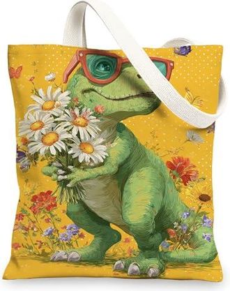 Generic Sacs fourre-tout en toile à motif de dinosaure floral, réutilisables, amusants, légers et lavables avec bandoulière pour voyage, plage, pique-nique, 3